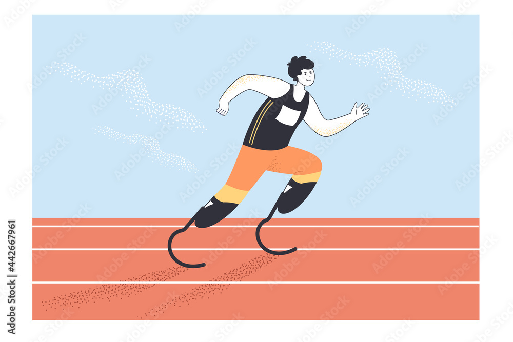 Paralympic athlete running flat vector illustration. Sportsman jogging ...