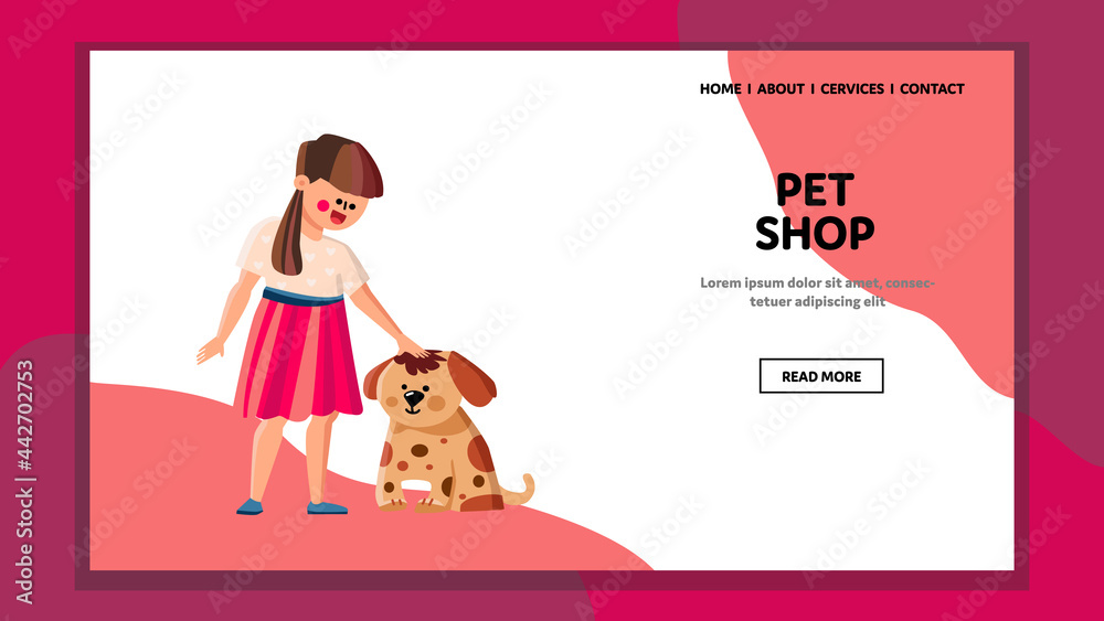 Pet Shop Visiting Little Girl With Dog Vector. Preteen Lady Child ...