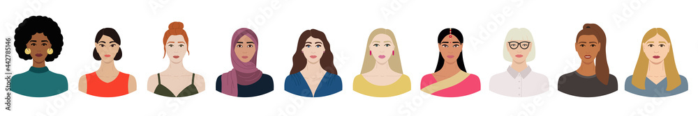 Set of diverse female faces with different ethnics, skin colors ...