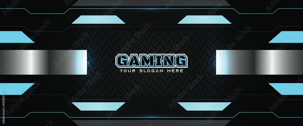 Futuristic black and blue gaming banner design template with metal ...