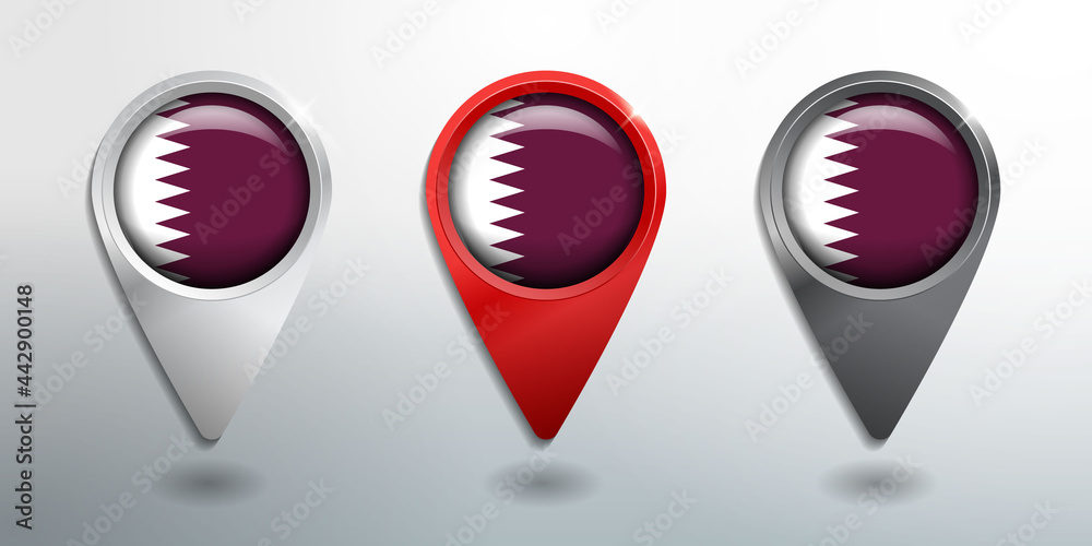 3D Pointer, Tag and Location Marker with Round Flag Nation of Qatar White, Red and Grey Glossy ...