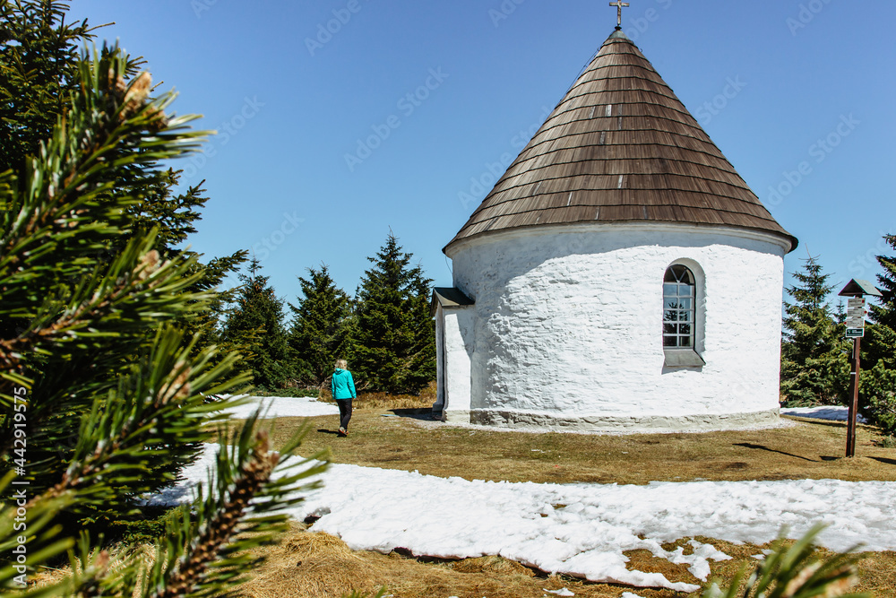 Backpacker at baroque Chapel of the Visitation of the Virgin Mary ...
