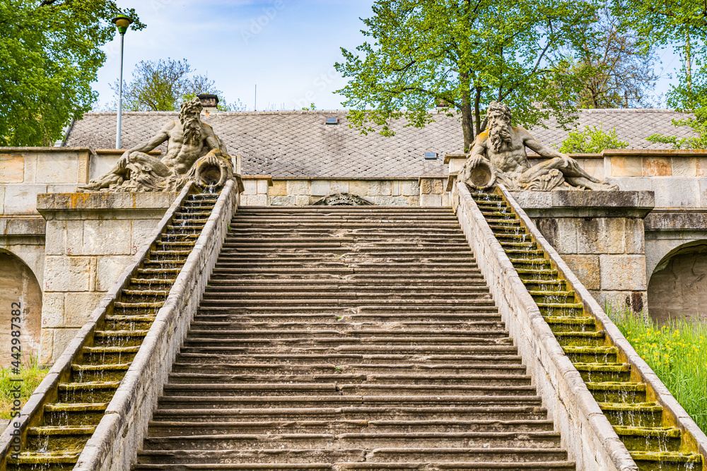 Kuks, Czech republic - May 15, 2021. Steps with water cascade and ...