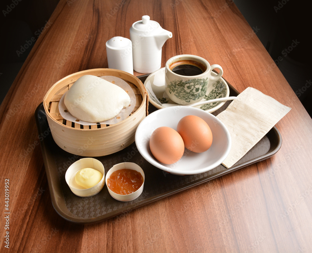 asian local traditional breakfast set halal menu with half boiled egg ...