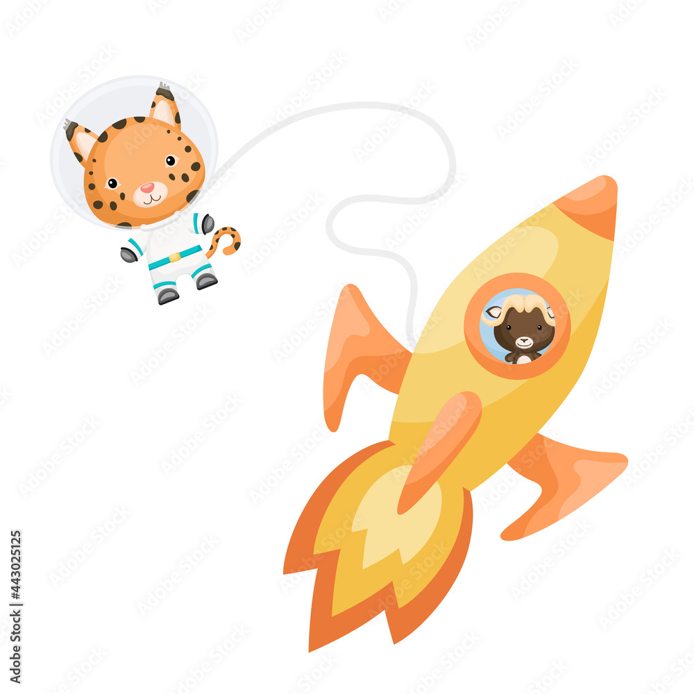 Image vectorielle Stock Cute little musk-ox flying in yellow rocket ...