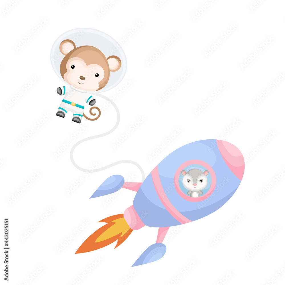 Cute little possum flying in blue rocket. Cartoon monkey character in ...