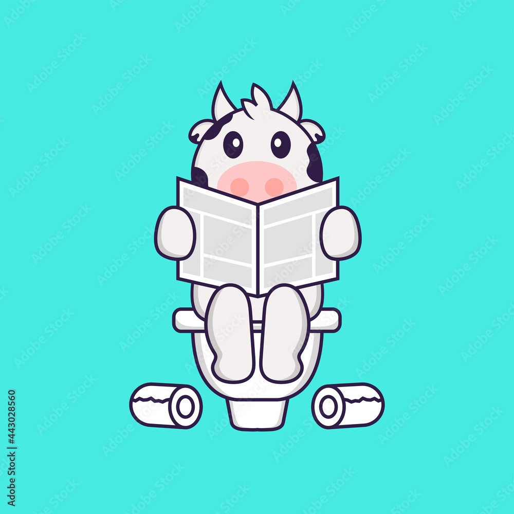 Vector de Stock Cute cow Pooping On Toilet and read newspaper. Animal ...