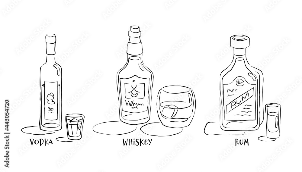 Vodka rum and whiskey. Bottle and glass in hand drawn style. Restaurant ...
