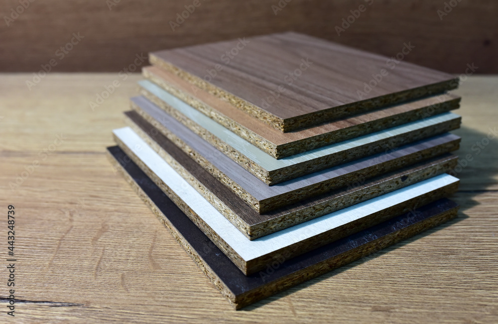 Samples of fibreboard panels with wood texture. Laminated CPD ...