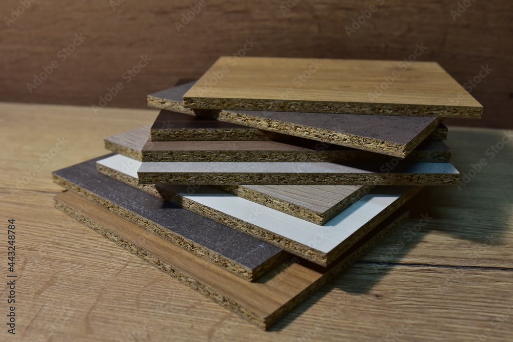 Samples of fibreboard panels with wood texture. Laminated CPD ...
