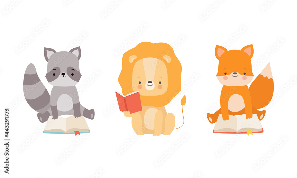 Funny Baby Animals Reading Books Set, Adorable Little Raccoon, Lion and ...