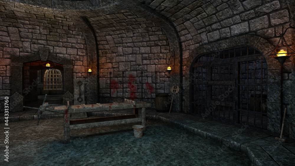 3D illustration of a medieval castle dungeon with a prison cell and ...