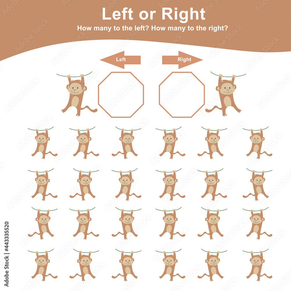 Left or Right Game for Preschool Children. Counting how many monkeys ...