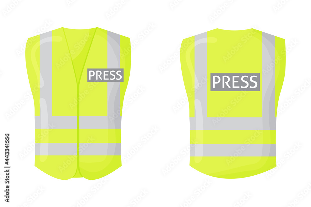 Yellow reflective safety vest for people. Text - press. Protective ...