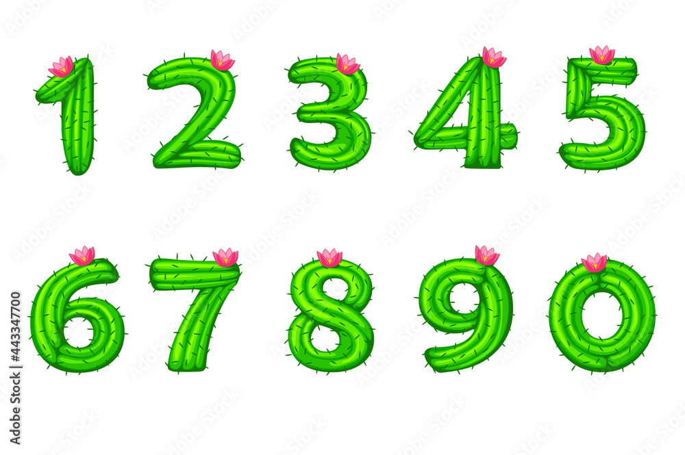 Cartoon cactus with flower font kids numbers for school ui. Stock ...