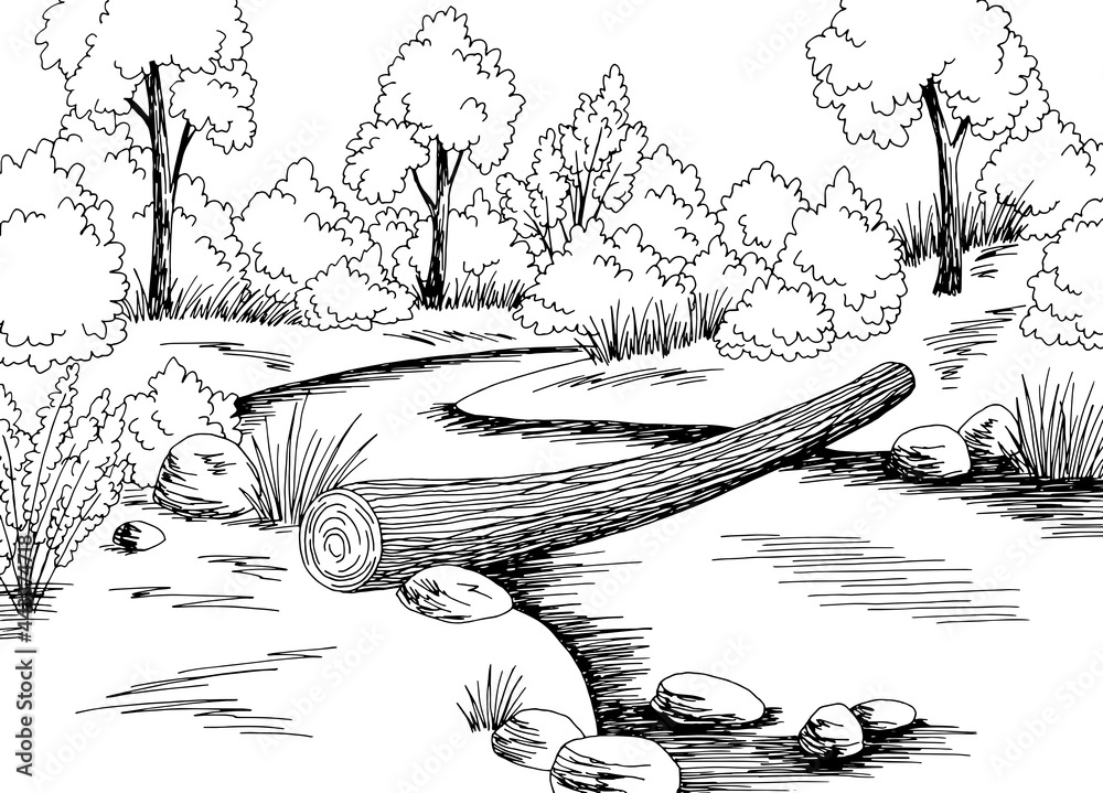 Log bridge over the river graphic black white forest landscape sketch ...