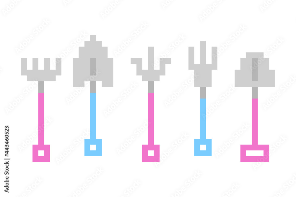 Set of 5 pixel art gardening tool icons isolated on white background. 8 ...