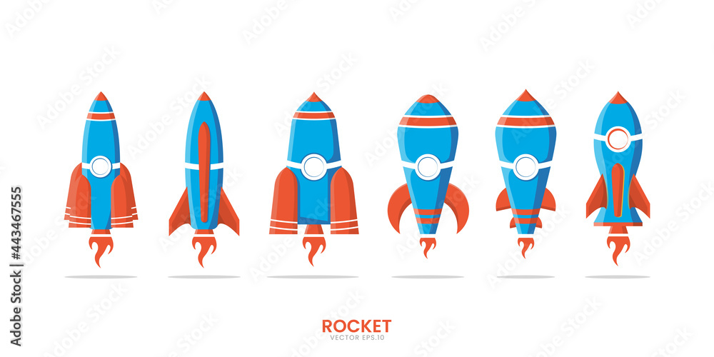 Rocket set illustration, flat design rocket with 6 variants of shapes ...