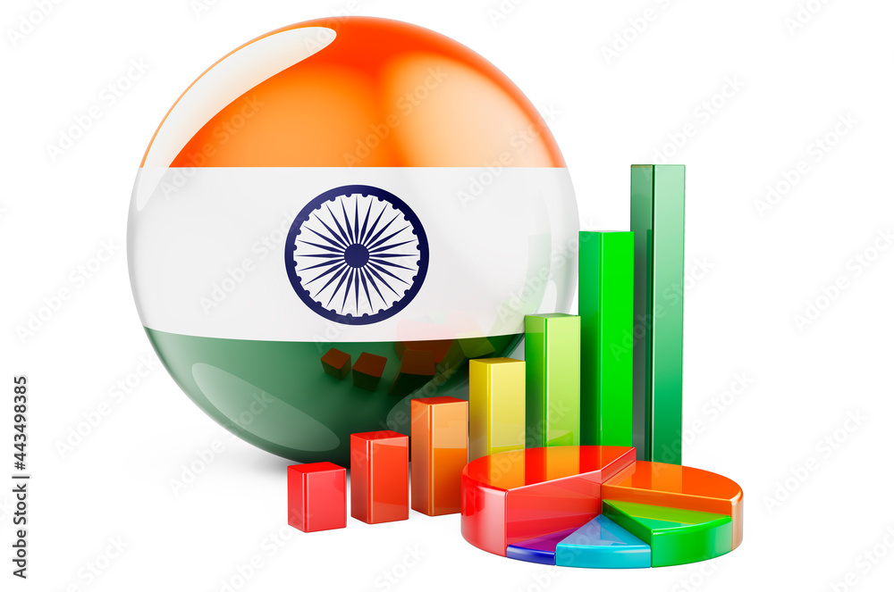 Indian flag with growth bar graph and pie chart. Business, finance ...