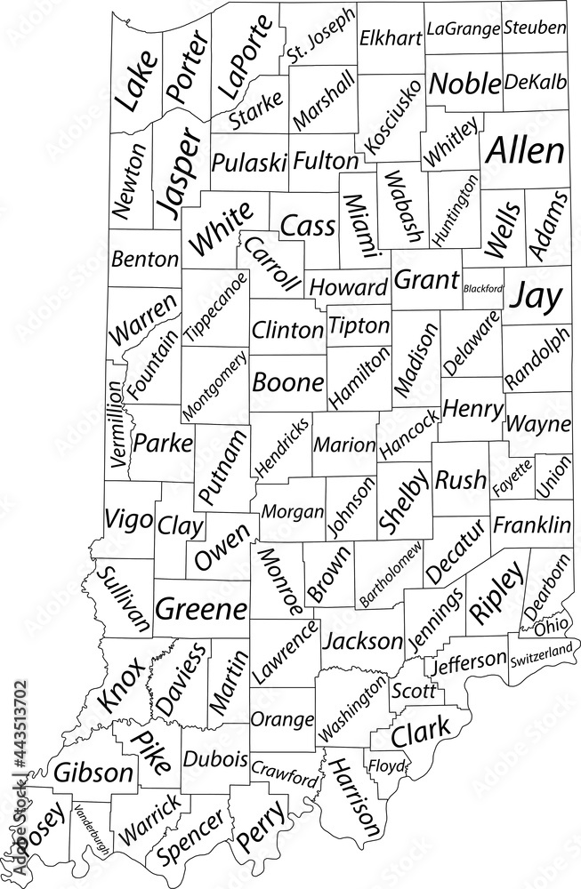 White vector map of the Federal State of Indiana, USA with black ...