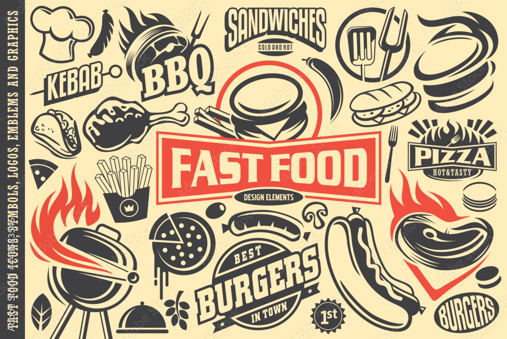 Fast food logos and emblems. Burger, pizza,hot dog, steak, grill ...