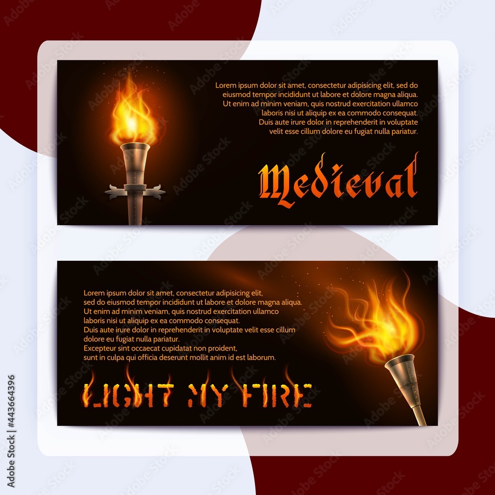 Horizontal banner set with realistic torch medieval fire light elements ...