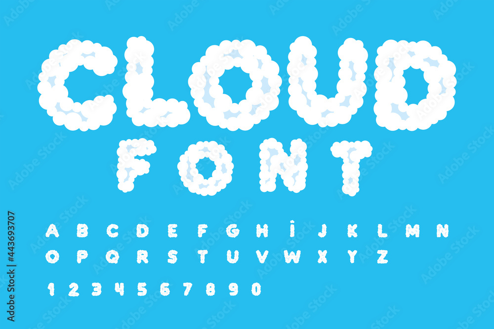 Cloud font, alphabet, letters and numbers. ABCs of white clouds in blue ...