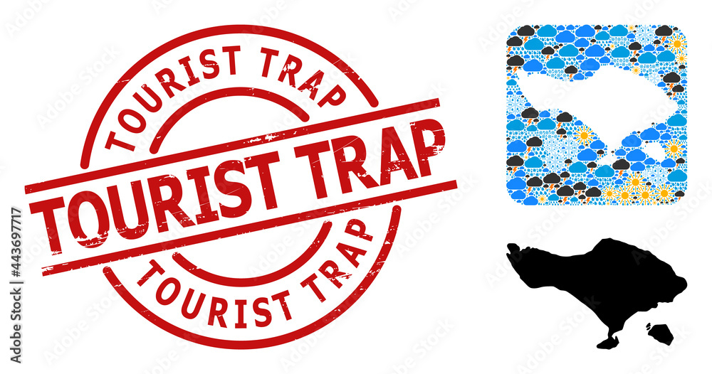 Weather collage map of Bali Island, and distress red round Tourist Trap ...