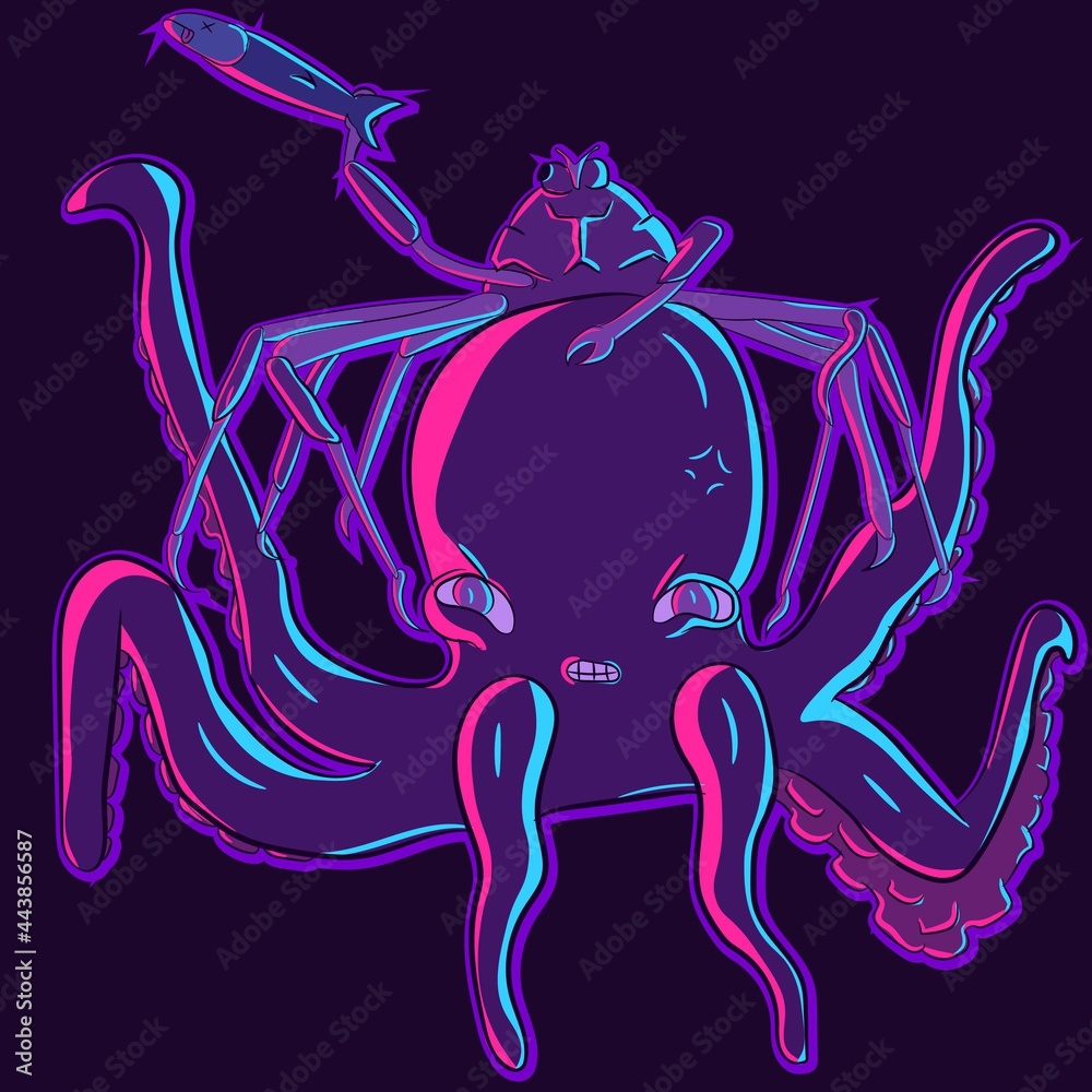 Vector de Stock Cartoon characters under UV lights. Angry crab riding ...