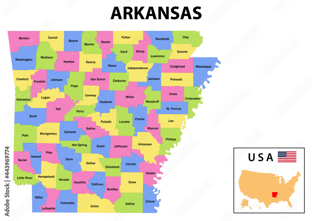 Arkansas Map. State and district map of Arkansas. Administrative and ...