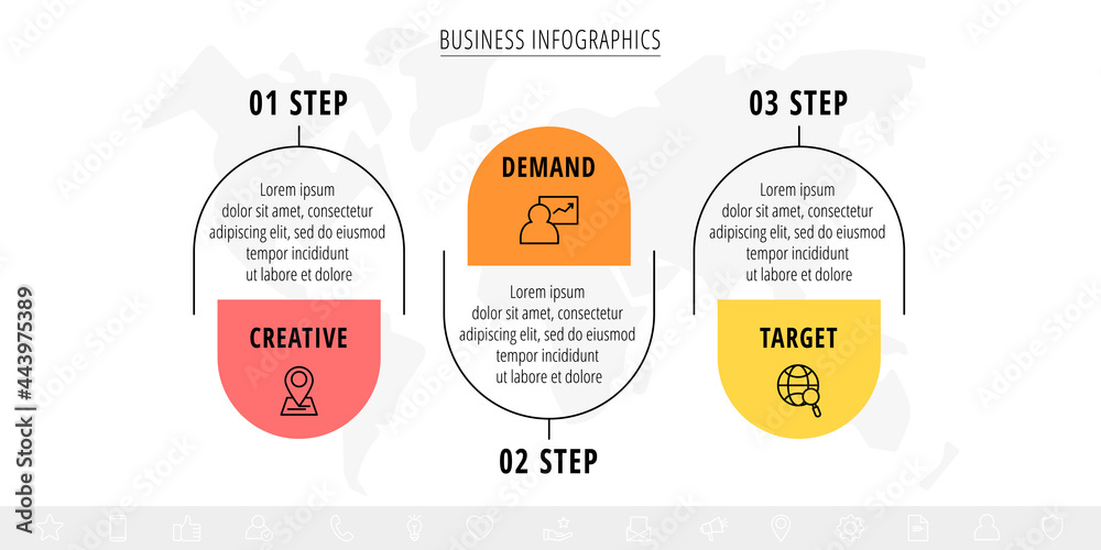 Vector 3 step line infographic labels with icons and squares. Modern ...