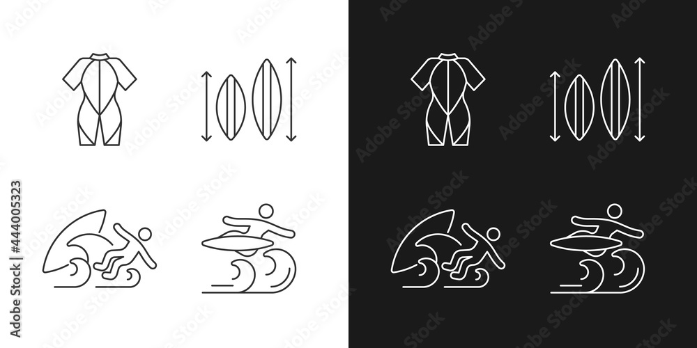 Surf riding linear icons set for dark and light mode. Wetsuit. Choosing surfboard size. Surf ...
