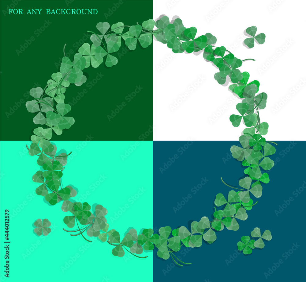 Realistic three and four leaf clover frame, wreath. Clover leaf with dew drops. Holiday symbol ...
