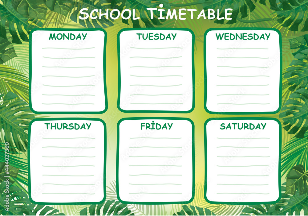 Vector template school timetable, green, tropical leaves design. Stock ...