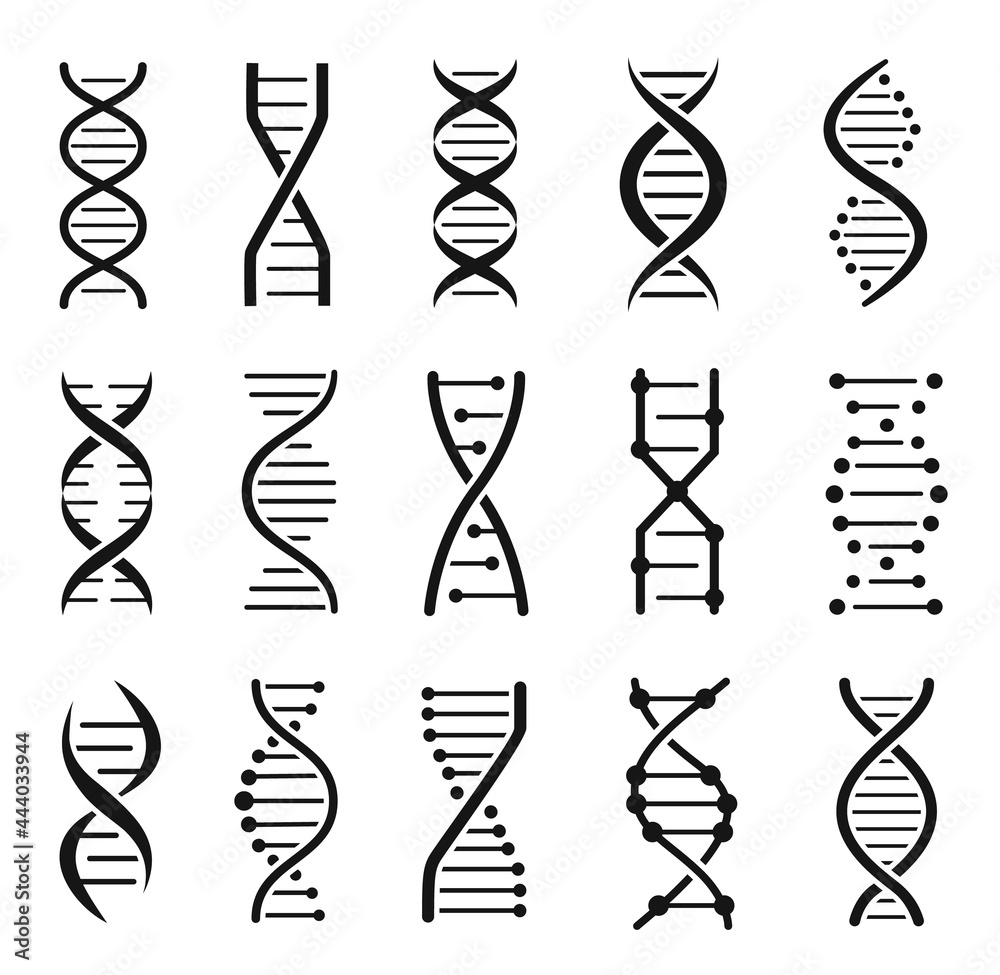 Dna molecule structure icons. Chromosome chain helix, genetic code logo ...