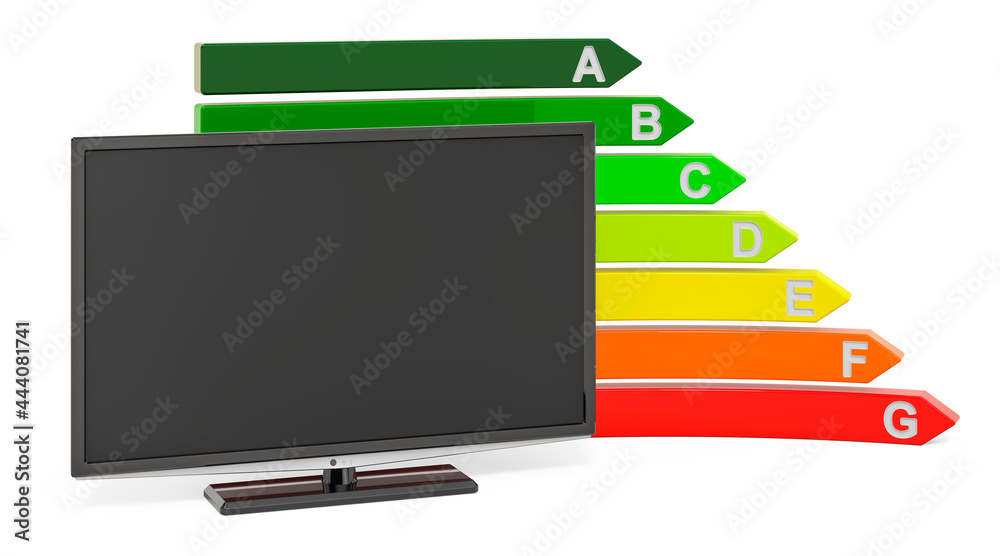 Modern TV set with energy efficiency chart, 3D rendering Stock Illustration | Adobe Stock