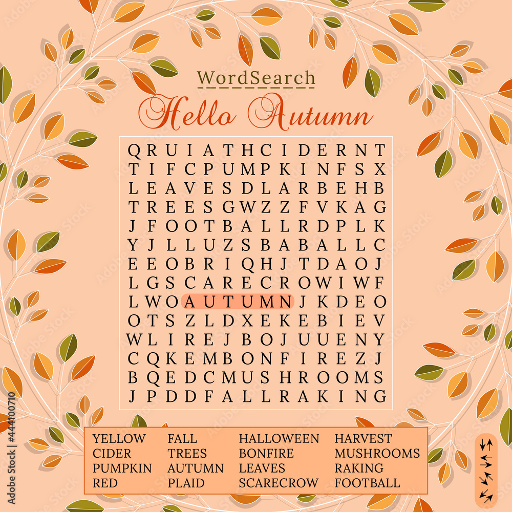 Autumn word search puzzle. Fall season crossword puzzle for children or ...