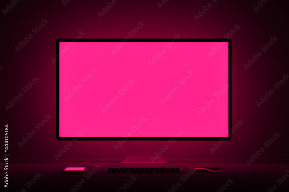 Desktop computer with fuchsia screen turned on Stock Photo | Adobe Stock