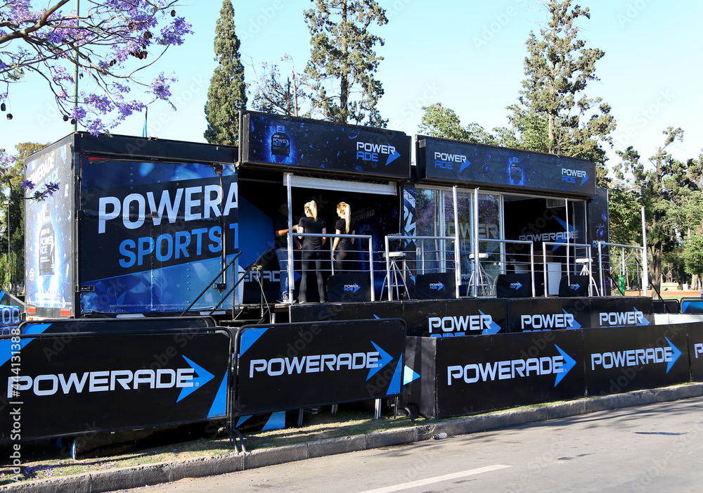 Powerade stand at a sporting event. Booth to promote the Powerade brand ...