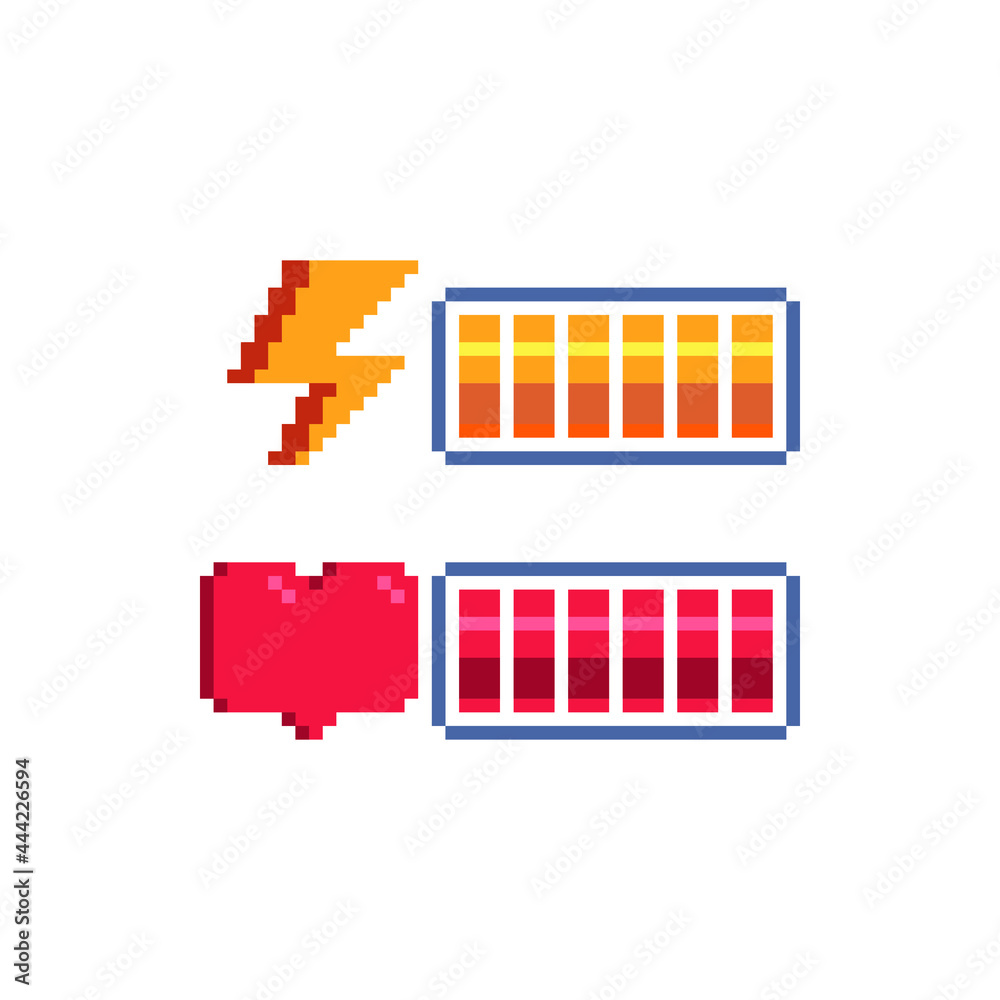 Pixel art style. Battery charge. Full health bar. Video game 8-bit ...