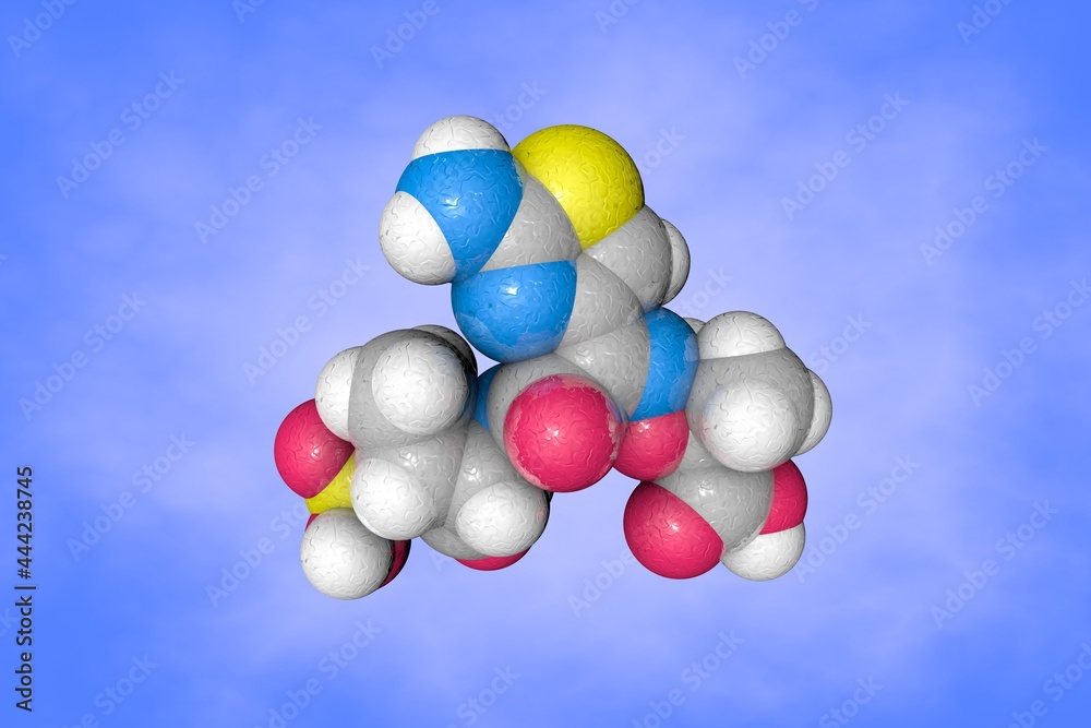 Space-filling molecular model of aztreonam. Atoms are shown as spheres ...
