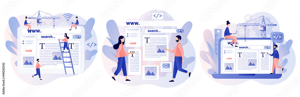 Web design concept. Tiny people building webpage. Website interface design. Software development ...