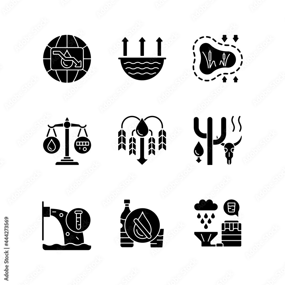 Water resources lacking black glyph icons set on white space. Water ...