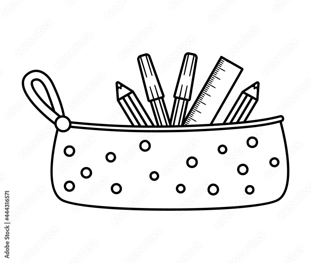 Vector black and white pencil case with stationery. Contour back to ...