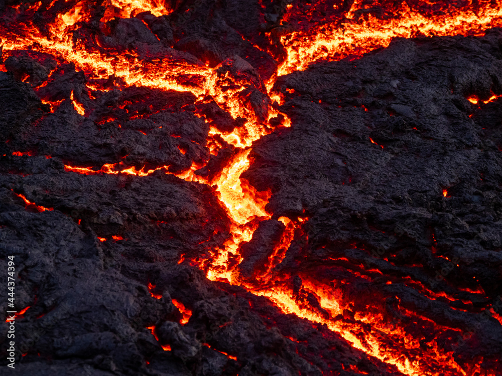 Cracks in lava flow and glowing magma, Fagradalsfjall Volcano, Iceland ...
