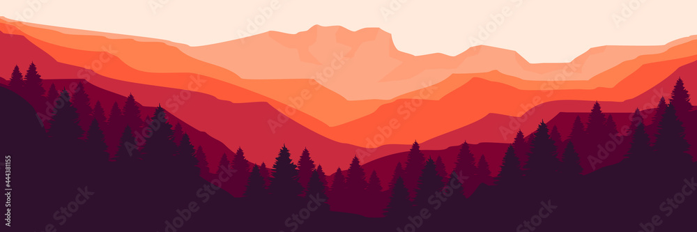 sunset flat design mountain forest for web banner, blog banner ...