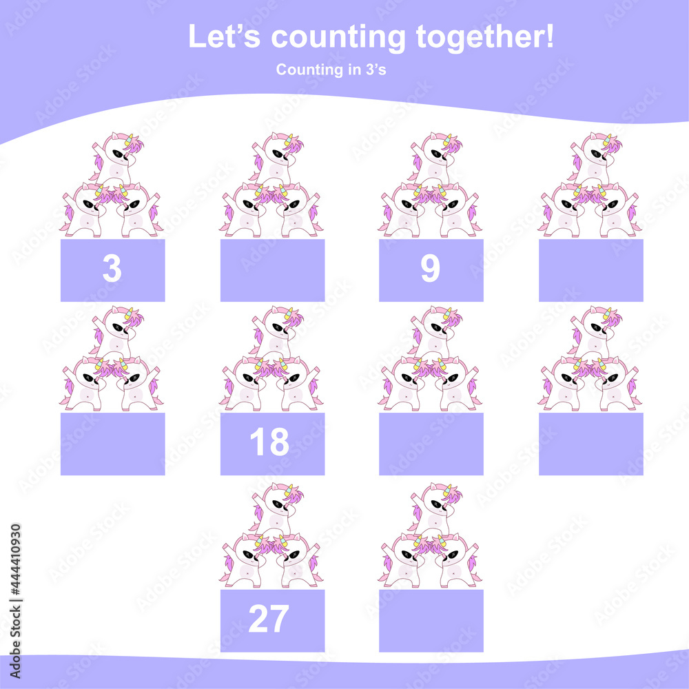 Counting unicorn game for children. Counting in 3s. Cute unicorn math ...