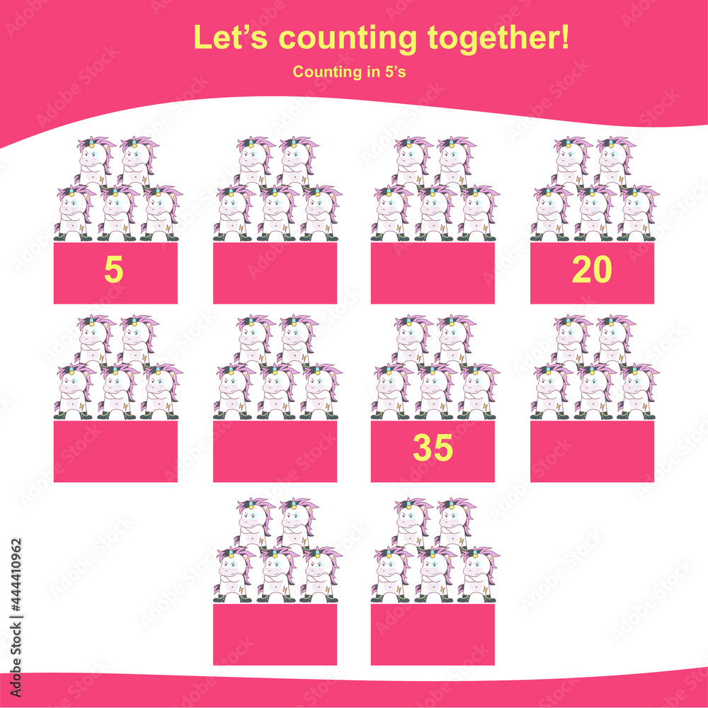 Counting unicorn game for children. Counting in 5s. Cute unicorn math ...