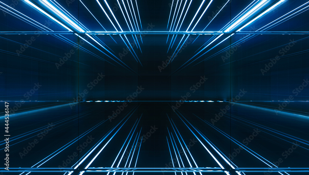 Futuristic light tunnel. Long Spaceship corridor interior view. Future ...