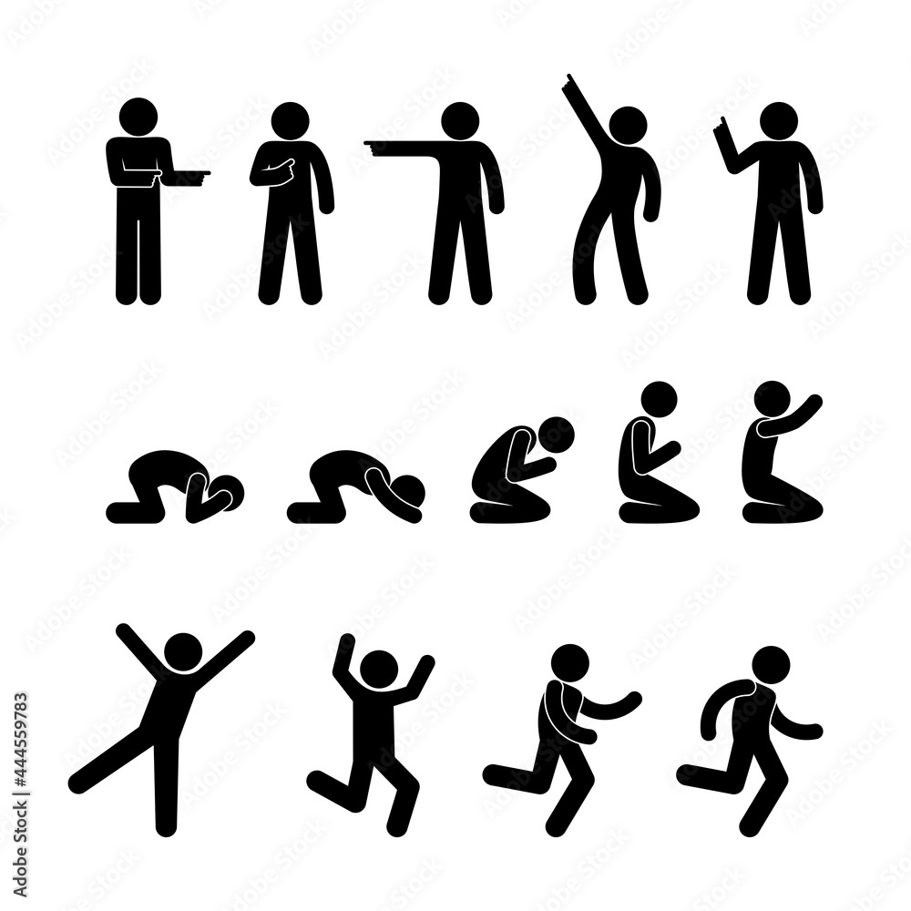 stick figure stickman pictogram, prayer icon, people in various poses ...